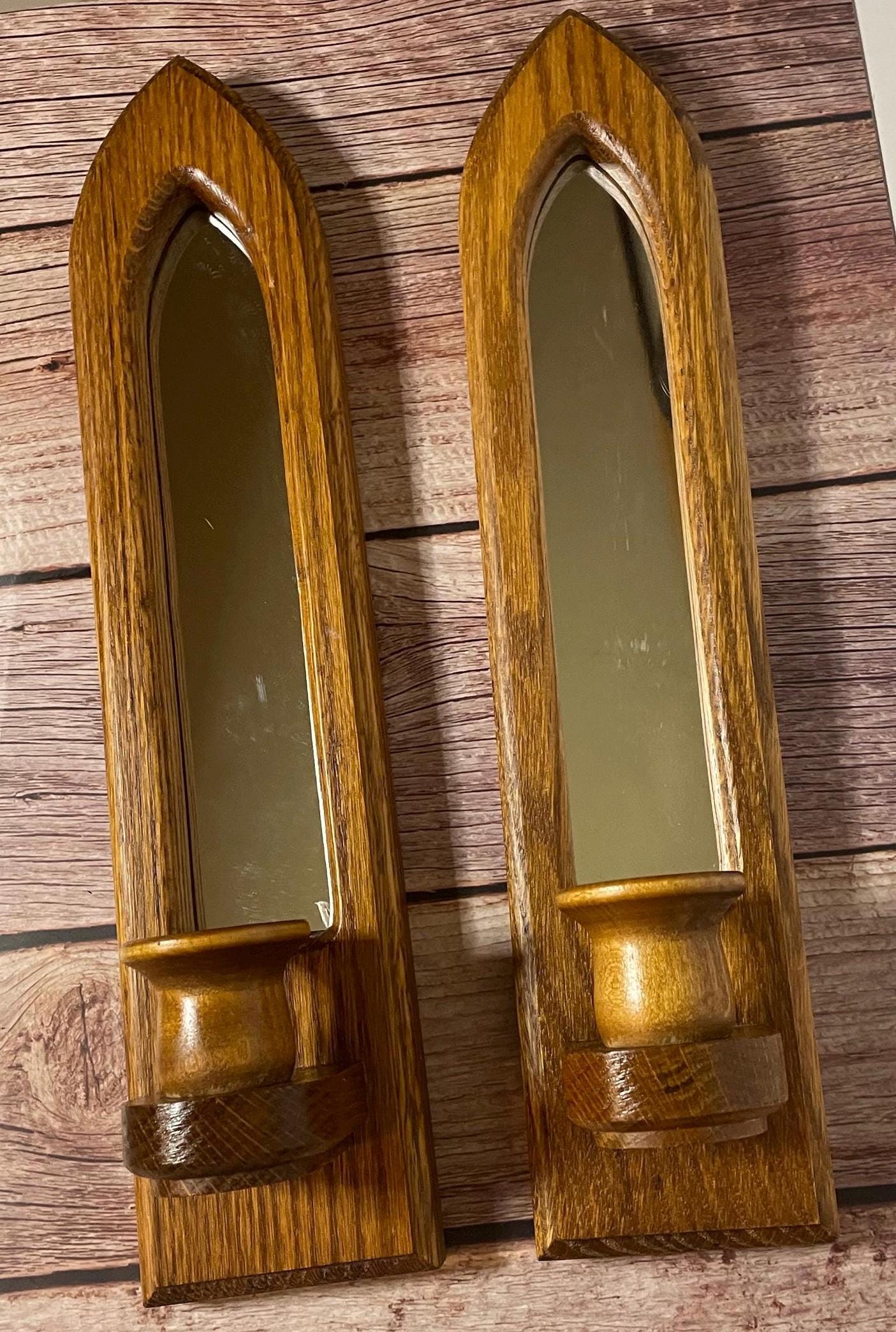 Vintage Oak Mirrored Wall Candle Holders Wall Candle Sconce Set of 2 ...