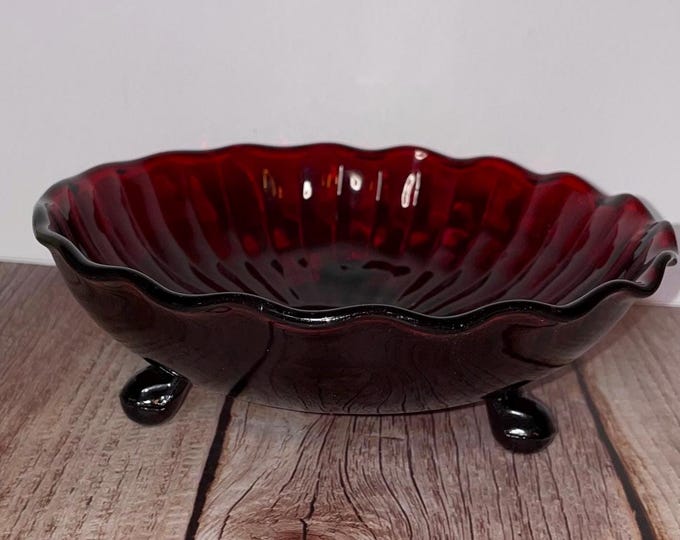 Vintage Anchor Hocking Red Glass Dish 3-footed Dish Scalloped Edge ...