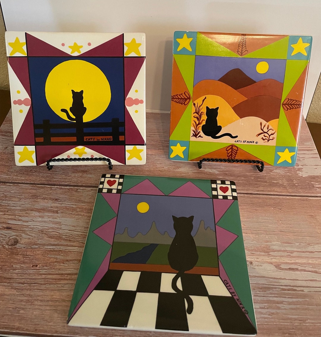 Vintage Ceramic Cat Tiles Cats by Nina Tiles Hand Painted Cat Ceramic ...