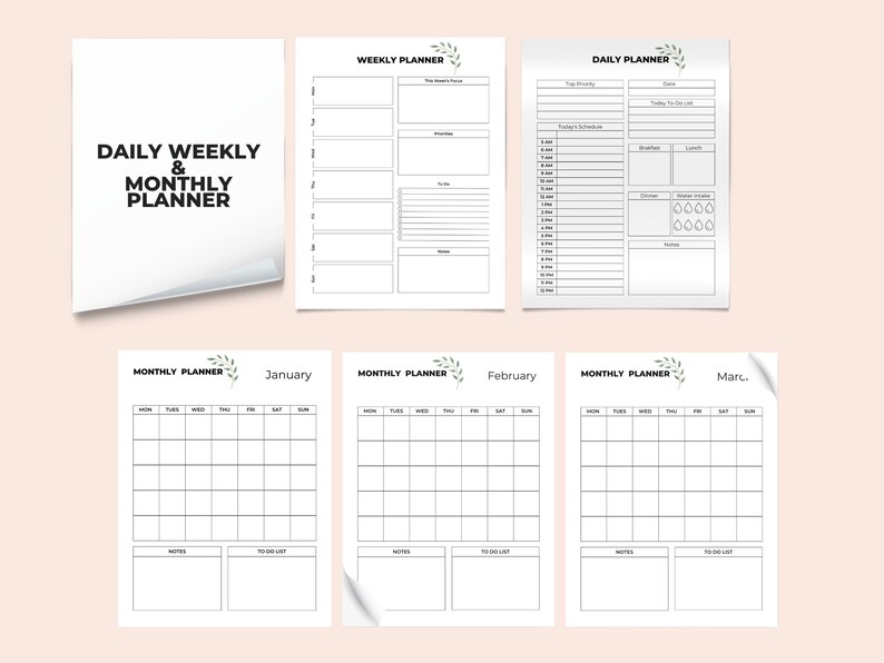 Daily, Weekly, Monthly Planner, Digital PDF for Bujo, Bullet, Journal ...