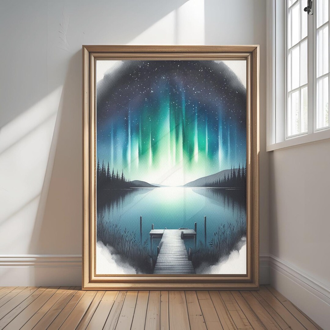 Aurora Borealis Dock View – Minimalist Northern Lights Wall Art ...