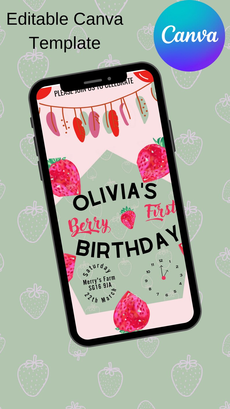 Editable Berry Birthday Invitation Canva Template / Berry Fist Birthday ...