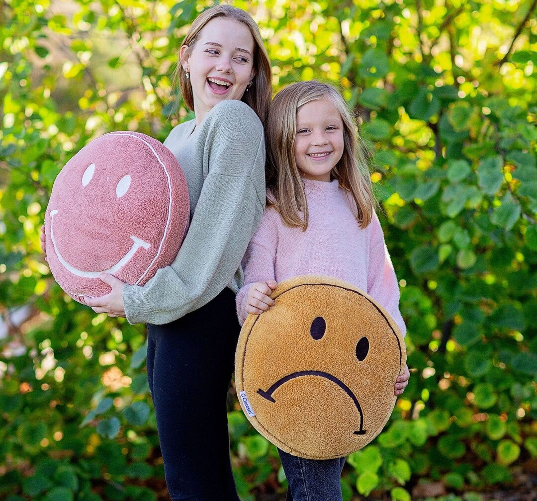 Pink Plushie Emoji Smile Face Pillow 2-sided Happy Face Sad Face Pillow ...