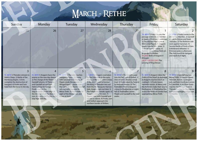 Today in Middle-earth Calendar 2025 Digital Pdf for Printing; Lord of ...