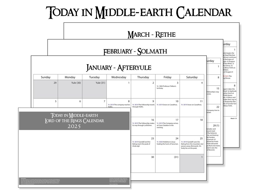Today in Middle-earth Calendar 2025 Digital Pdf for Printing; Blank ...