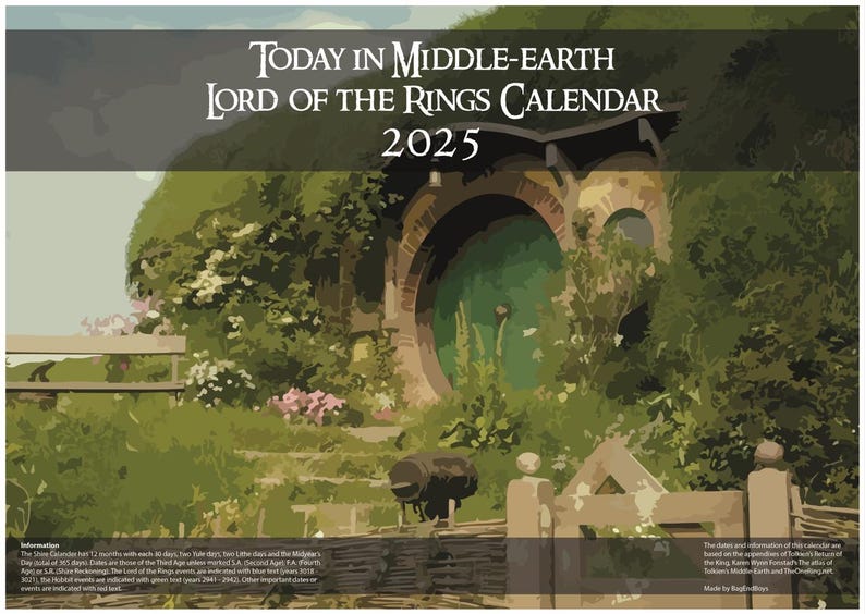 Today in Middle-earth Calendar 2025 Digital Pdf for Printing; Lord of ...