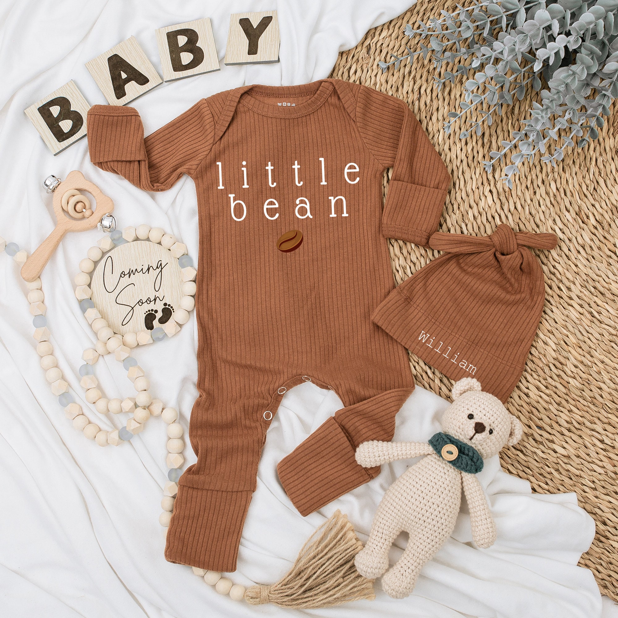 Little Bean Baby Bodysuit and Hat Set, Personalised Coffee Bodysuit ...