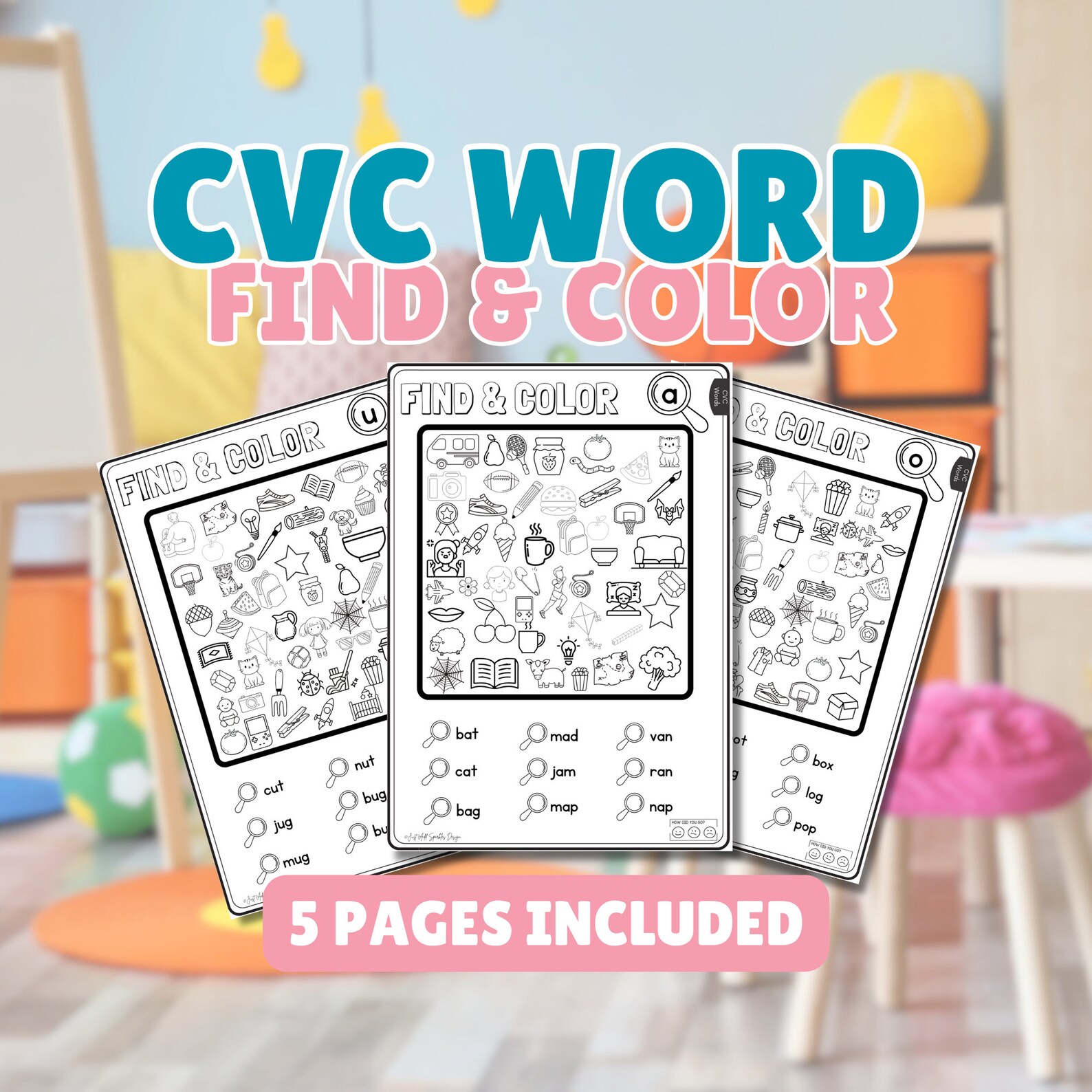 CVC Word Find & Color, I Spy, Phonics, Kindergarten, Word Families ...