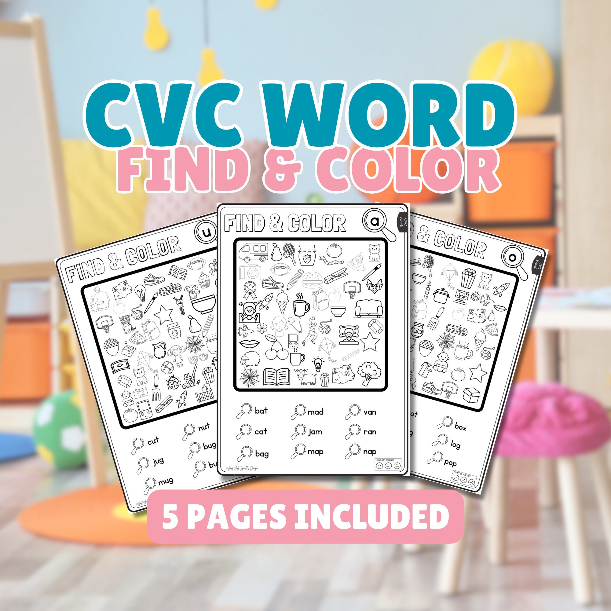 CVC Word Find & Color, I Spy, Phonics, Kindergarten, Word Families ...