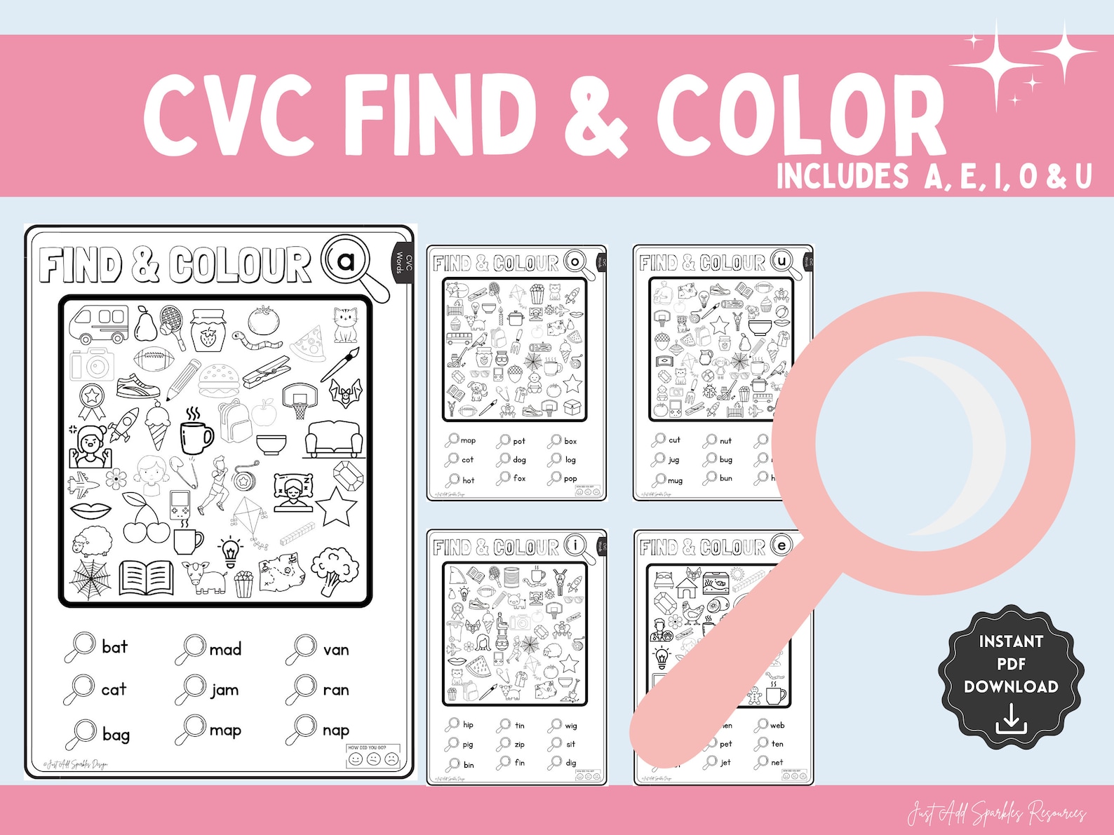 CVC Word Find & Color, I Spy, Phonics, Kindergarten, Word Families ...