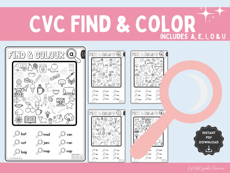 CVC Word Find & Color, I Spy, Phonics, Kindergarten, Word Families ...