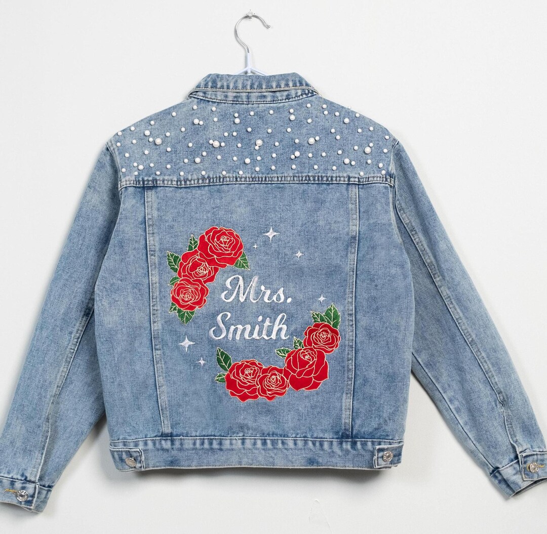 Wedding Denim Jacket Bridal Custom Jacket With Pearls Mrs Jean Jacket ...