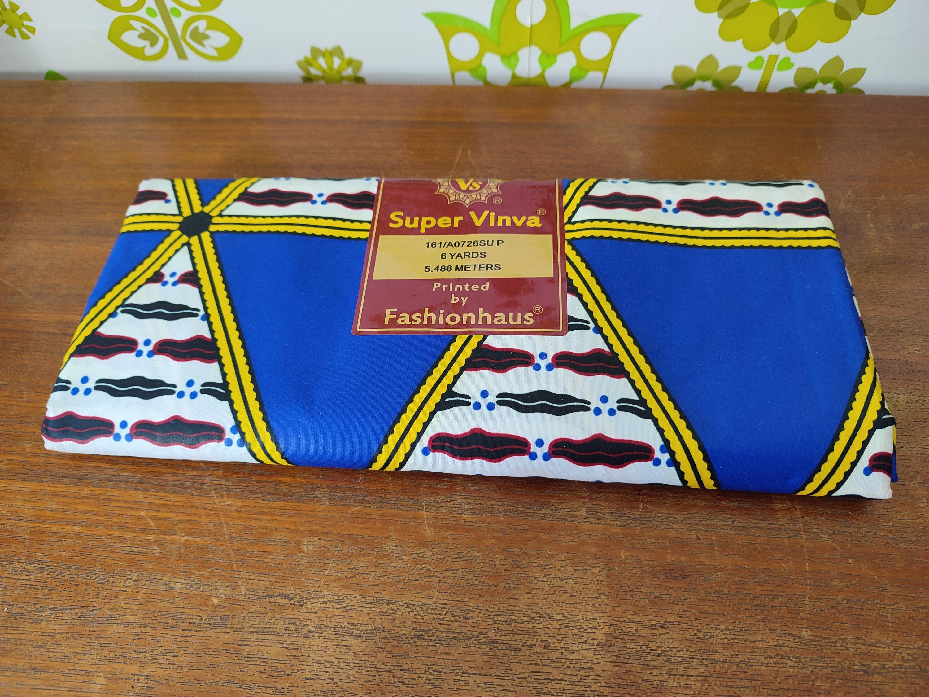 6 Yards/5.486 Metres Super Vinva African Waxed Fabric Blue Yellow Red ...