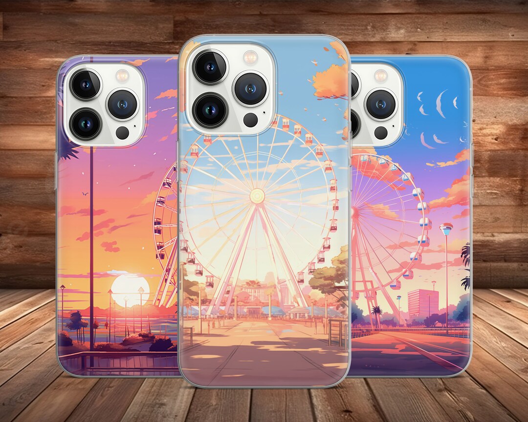 Anime Lo-fi Phone Case Ferris Wheel Japan City Park for iPhone 15 14 13 ...