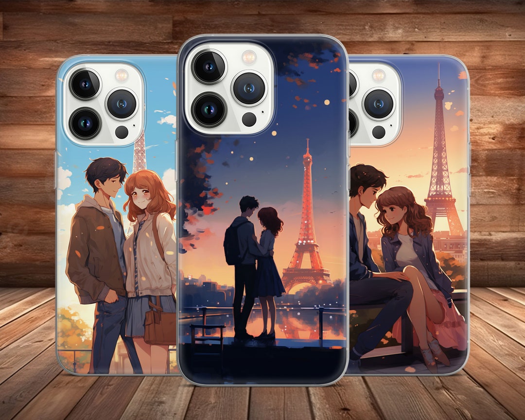 Anime Lo-fi Phone Case Romantic Love Couple Eiffel Tower for iPhone 15 ...