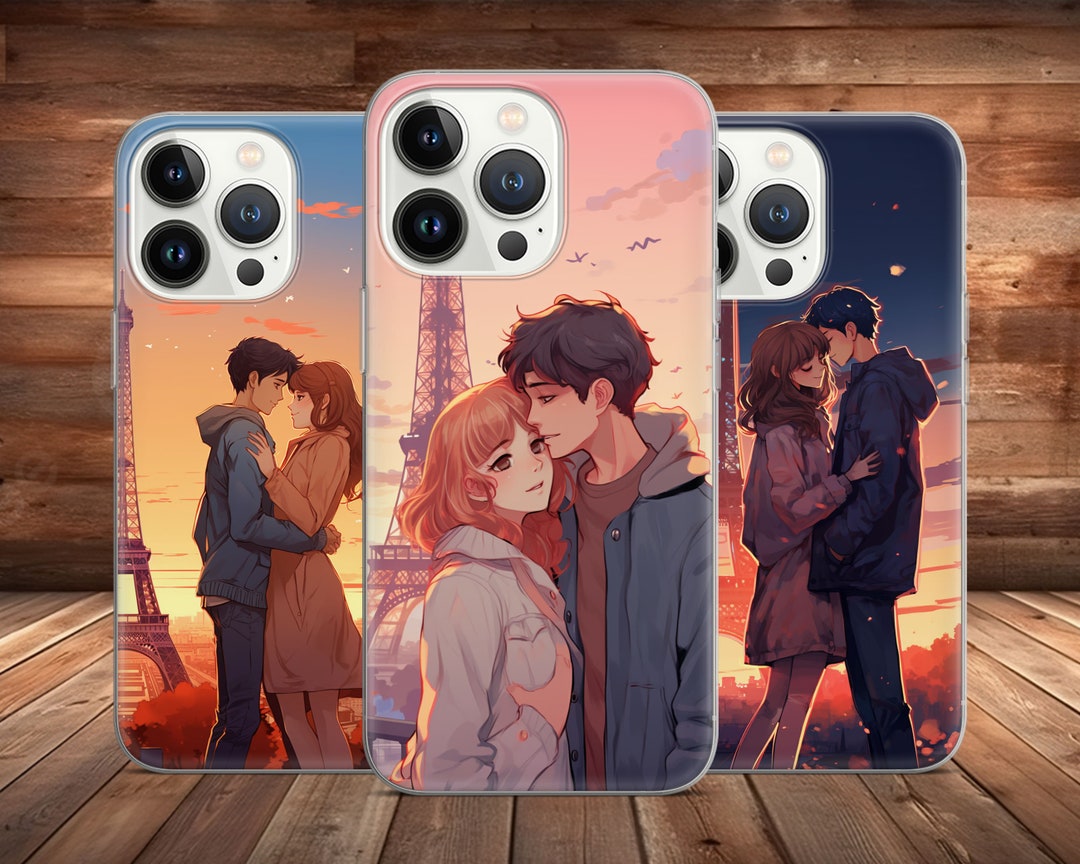 Anime Lo-fi Phone Case Romantic Love Couple Eiffel Tower for iPhone 15 ...