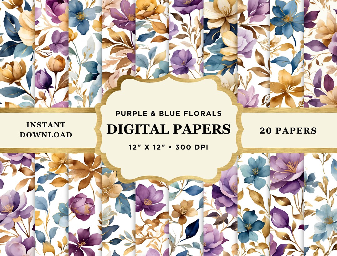 20 Purple & Blue Watercolor Floral Digital Papers | Commercial Use ...