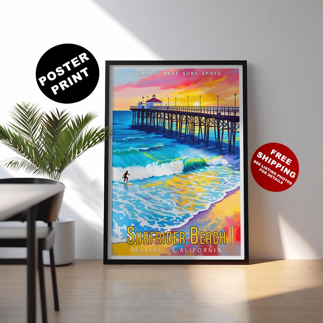 California Retro Surf Poster, Malibu Surf Print, Best Surf Spots Poster ...