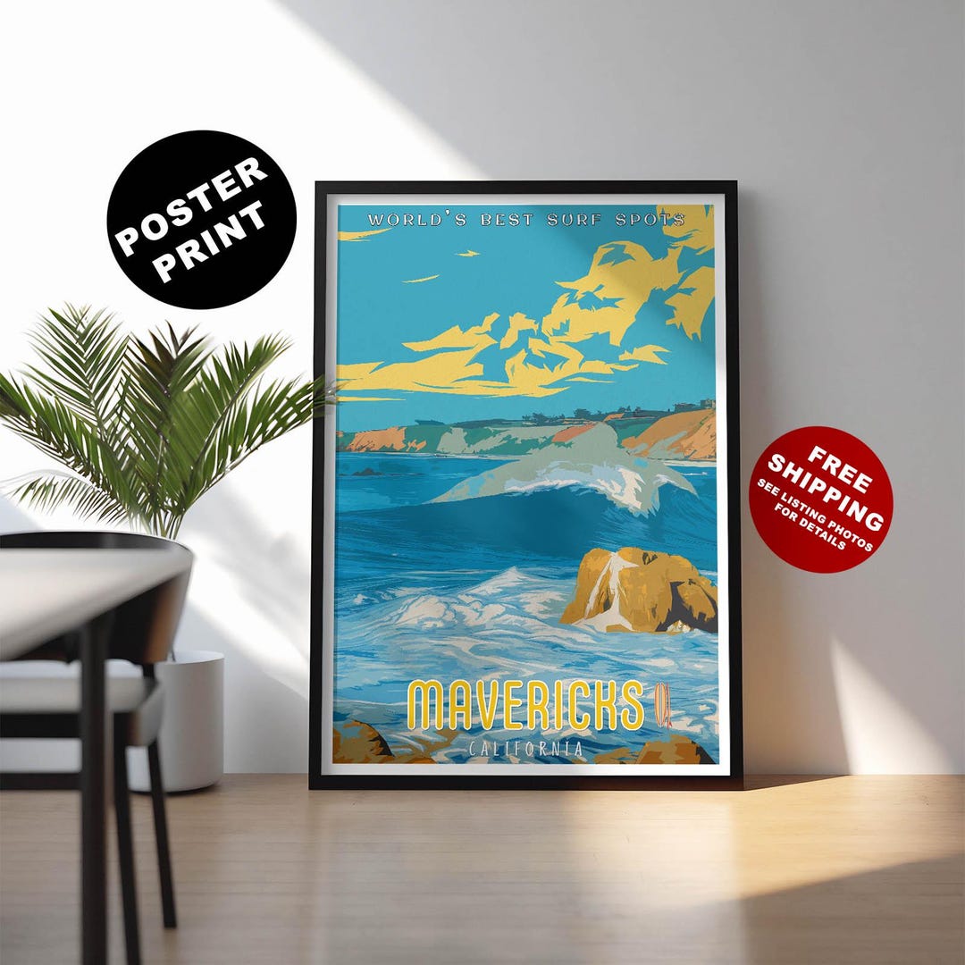 Mavericks Surf Poster: Retro California Beach Art Print - Etsy