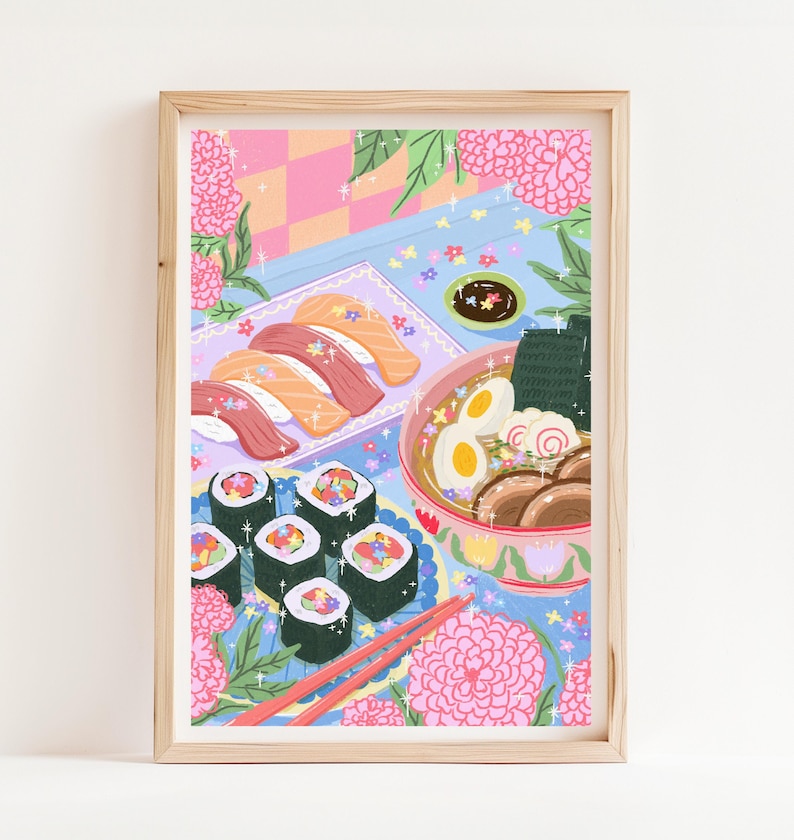 Sushi & Ramen Food Art Print – Cute Japanese Kitchen Decor, Pastel ...