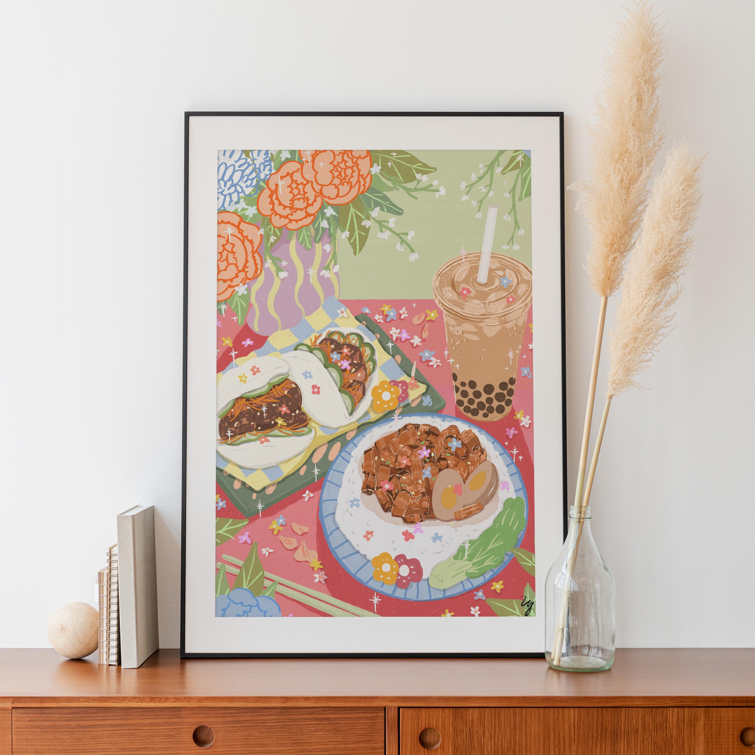 Taiwanese Food Art Print – Bao Buns, Braised Pork Rice & Bubble Tea ...