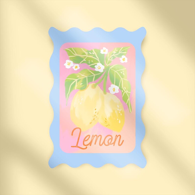 Lemon Stamp Sticker – Glossy Vinyl Fruit Sticker, Citrus Postage Stamp ...