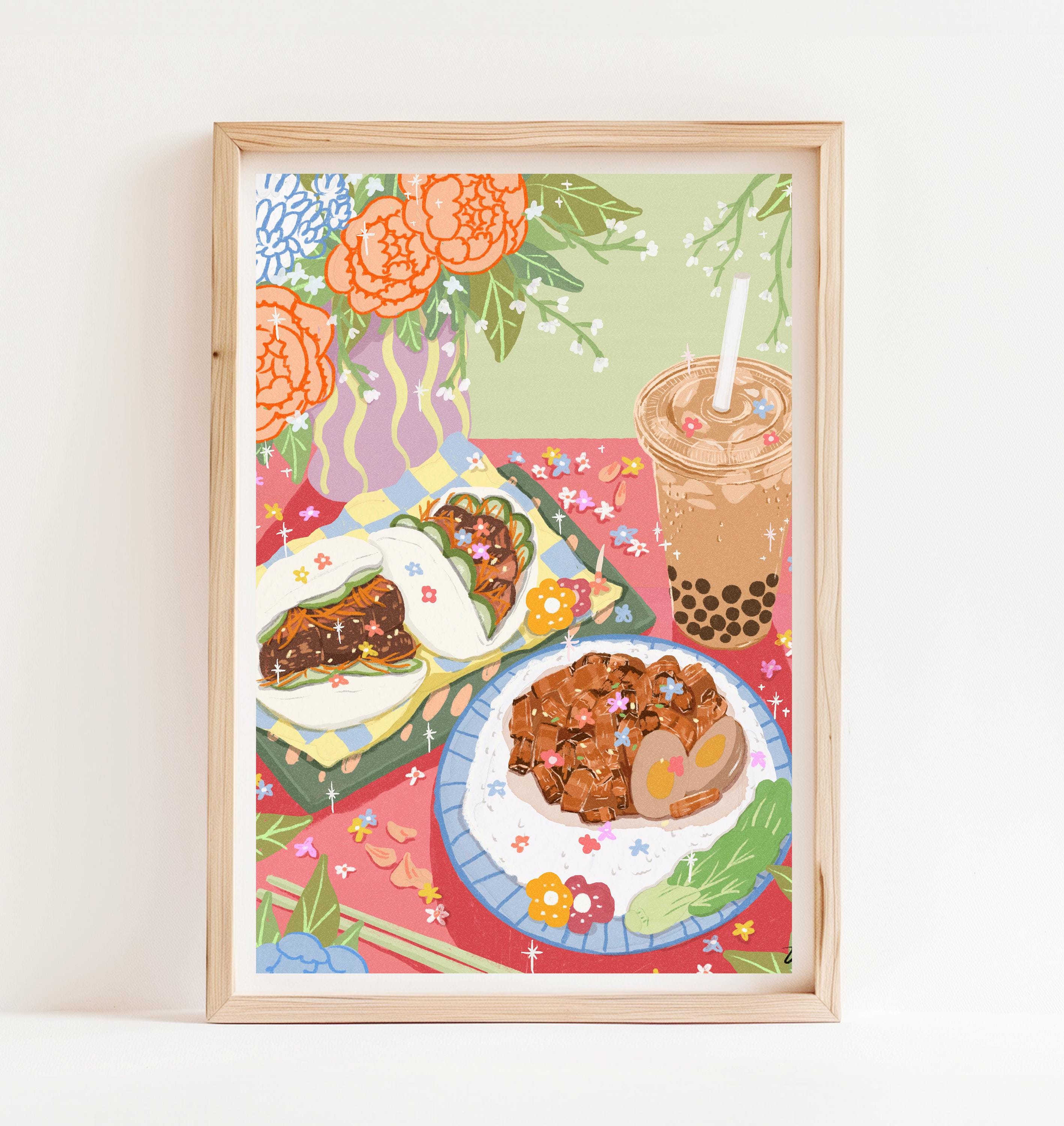Taiwanese Food Art Print – Bao Buns, Braised Pork Rice & Bubble Tea ...
