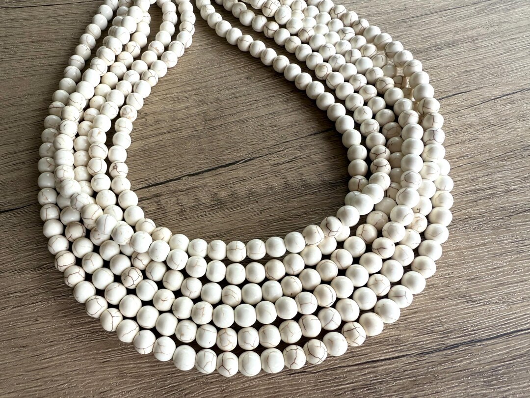 White Stone Beaded Statement Necklace, Chunky Multi Strand Necklace ...