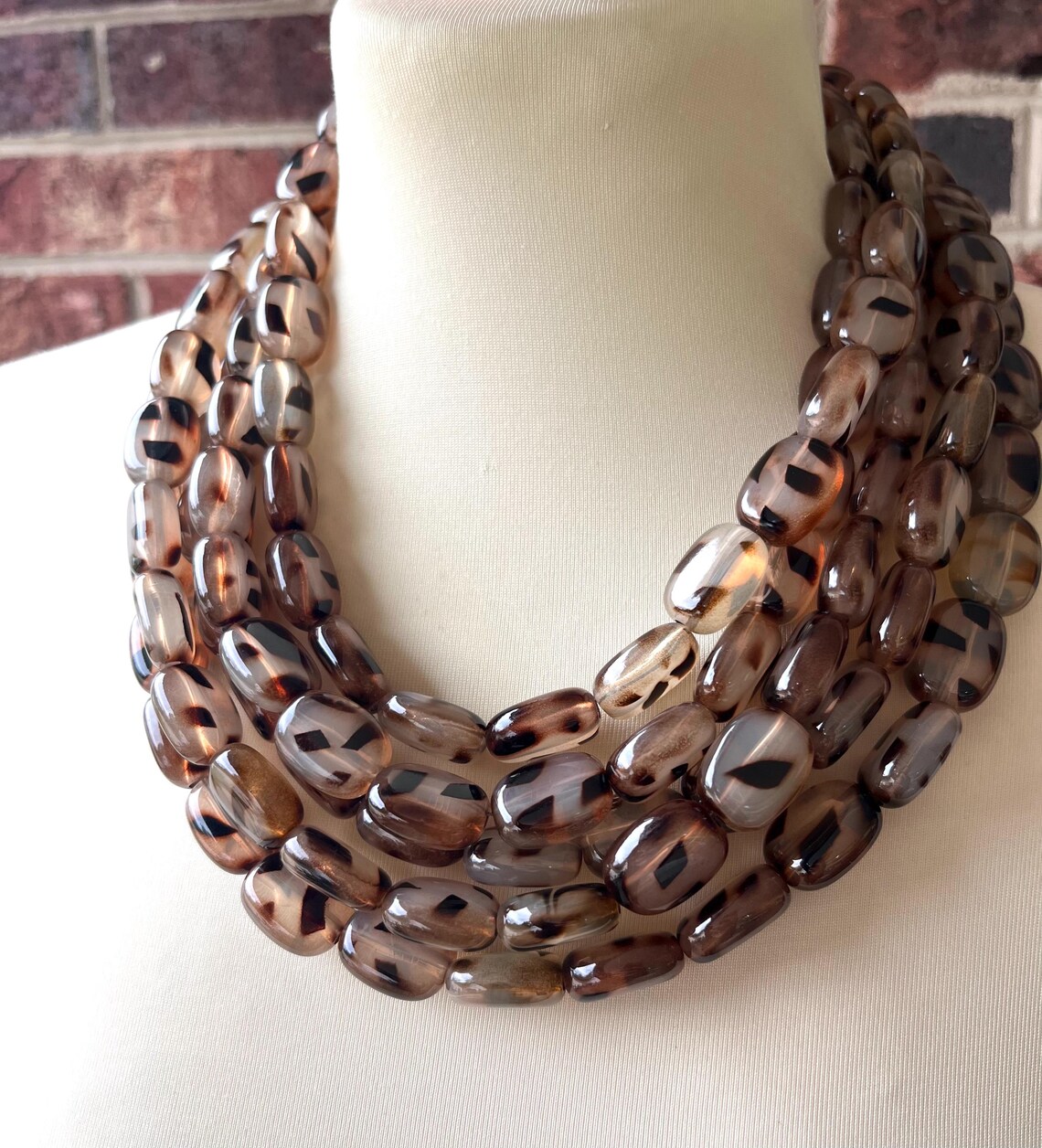 Tortoise Shell Big Bead Acrylic Statement Necklace, Lucite Chunky ...