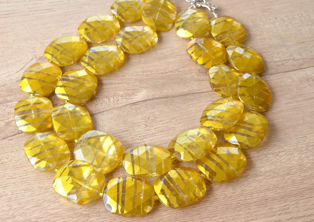 Yellow Statement Necklace, Acrylic Bead Necklace, Chunky Multi Strand ...