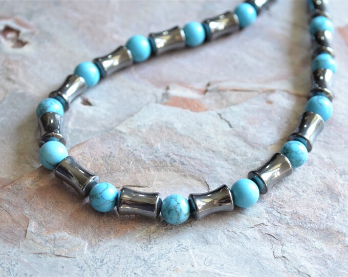 Mens Stone Necklace, Turquoise Necklace, Hematite Necklace, Bead ...
