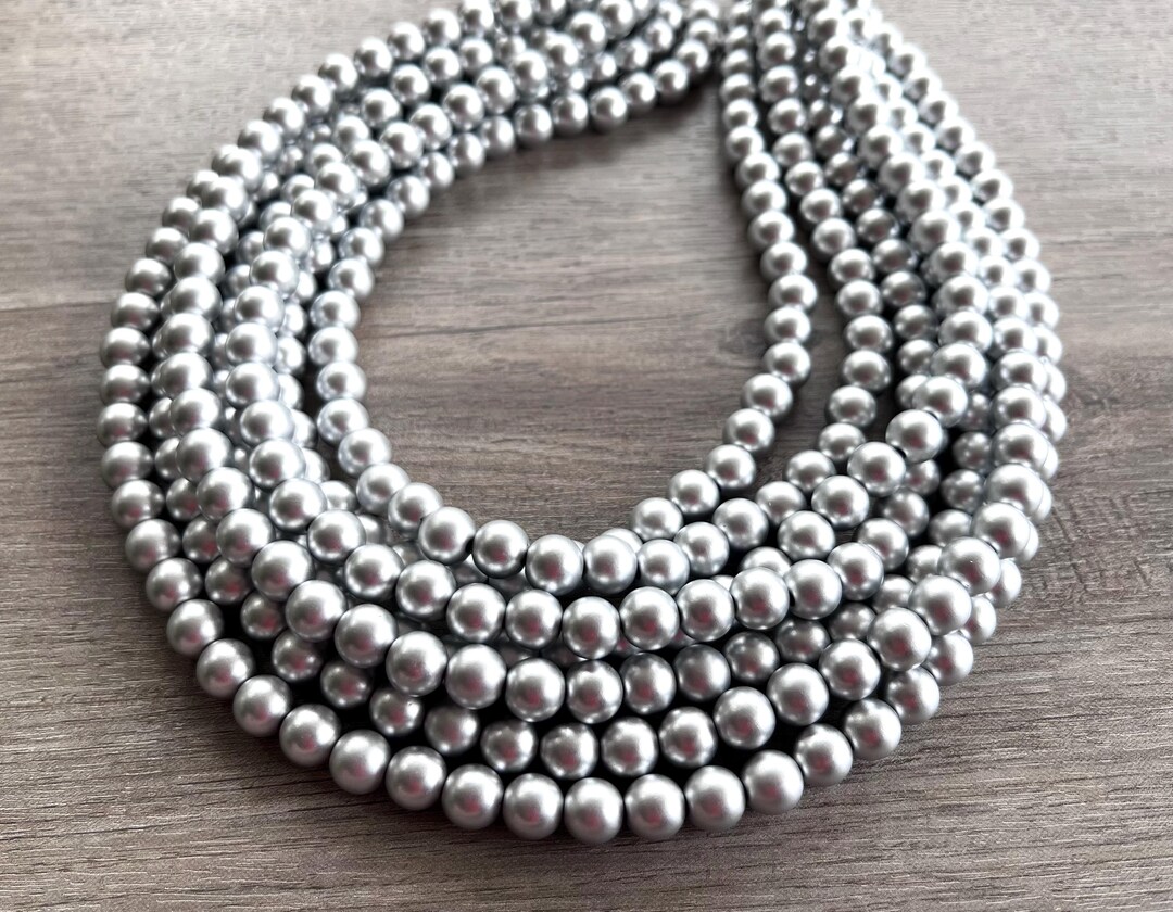 Silver Matte Statement Necklace, Acrylic Beaded Necklace, Chunky ...