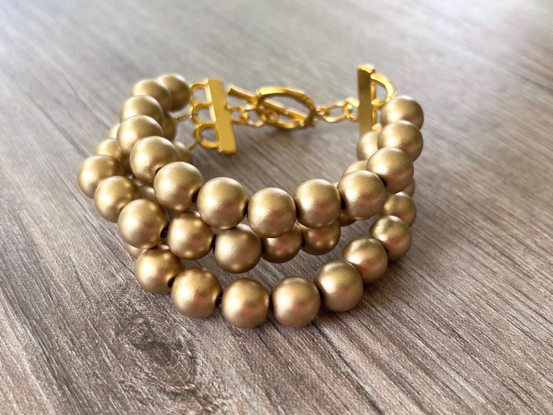 Gold Matte Beaded Stretch Bracelet, Chunky Bead Bracelet - Alana - Etsy