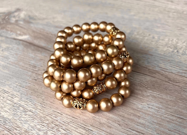 Gold Matte Beaded Stretch Bracelet, Chunky Bead Bracelet - Alana - Etsy