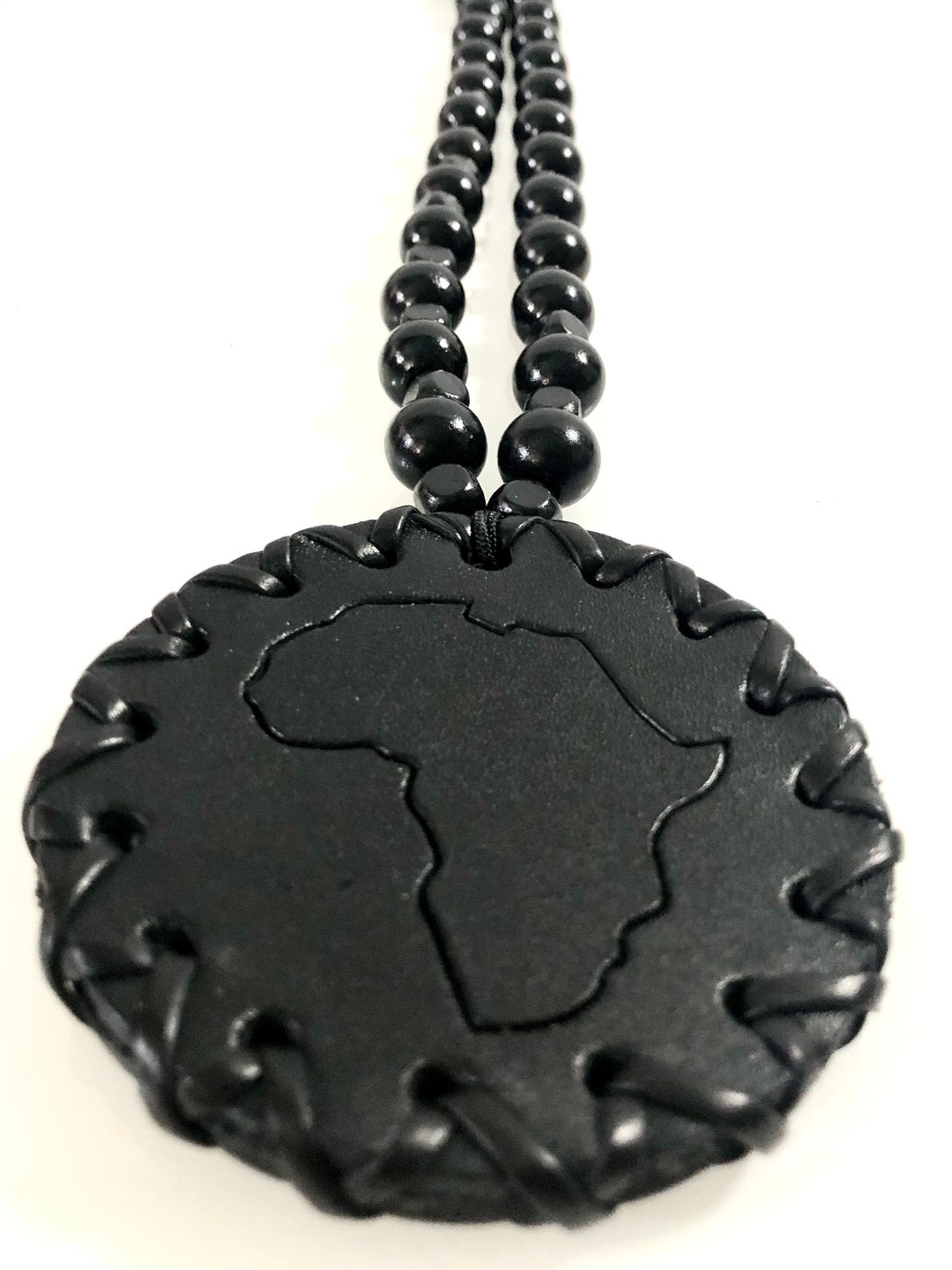 Black Leather Africa Medallion Necklace With Wooden Beads - Etsy