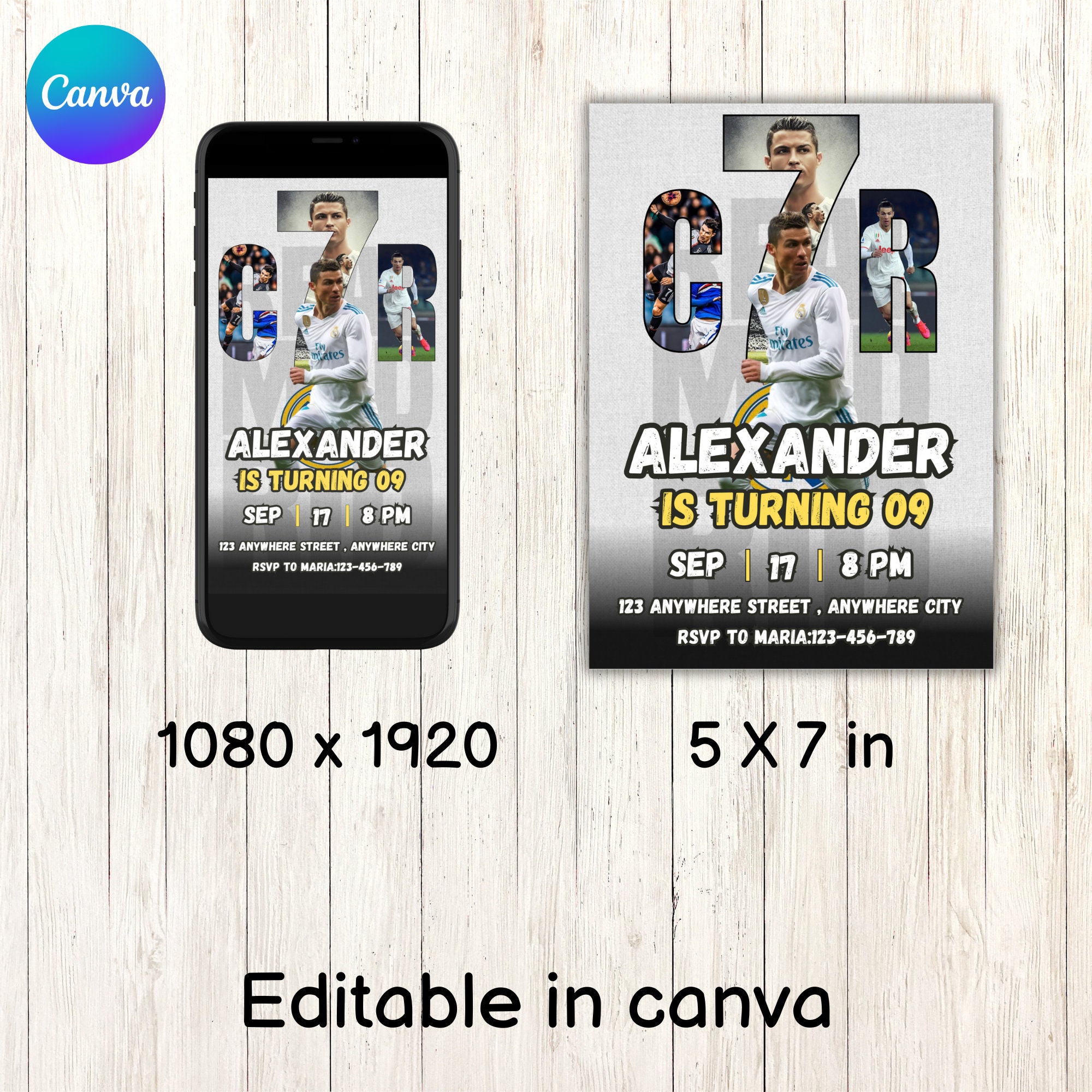 Cristiano Ronaldo Birthday Invitation, Birthday Card, CR7 Invitation ...