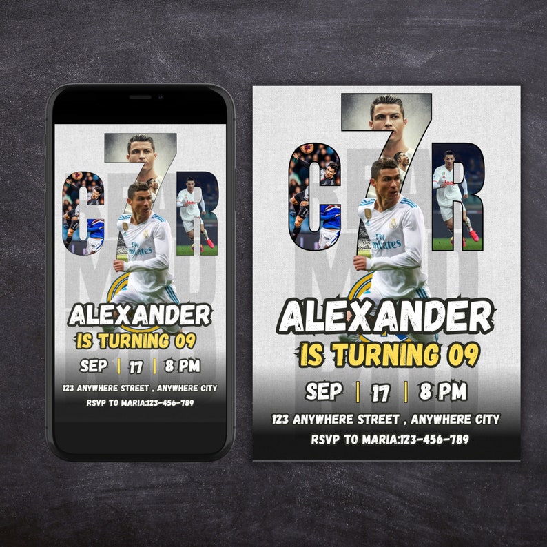 Cristiano Ronaldo Birthday Invitation, Birthday Card, CR7 Invitation ...