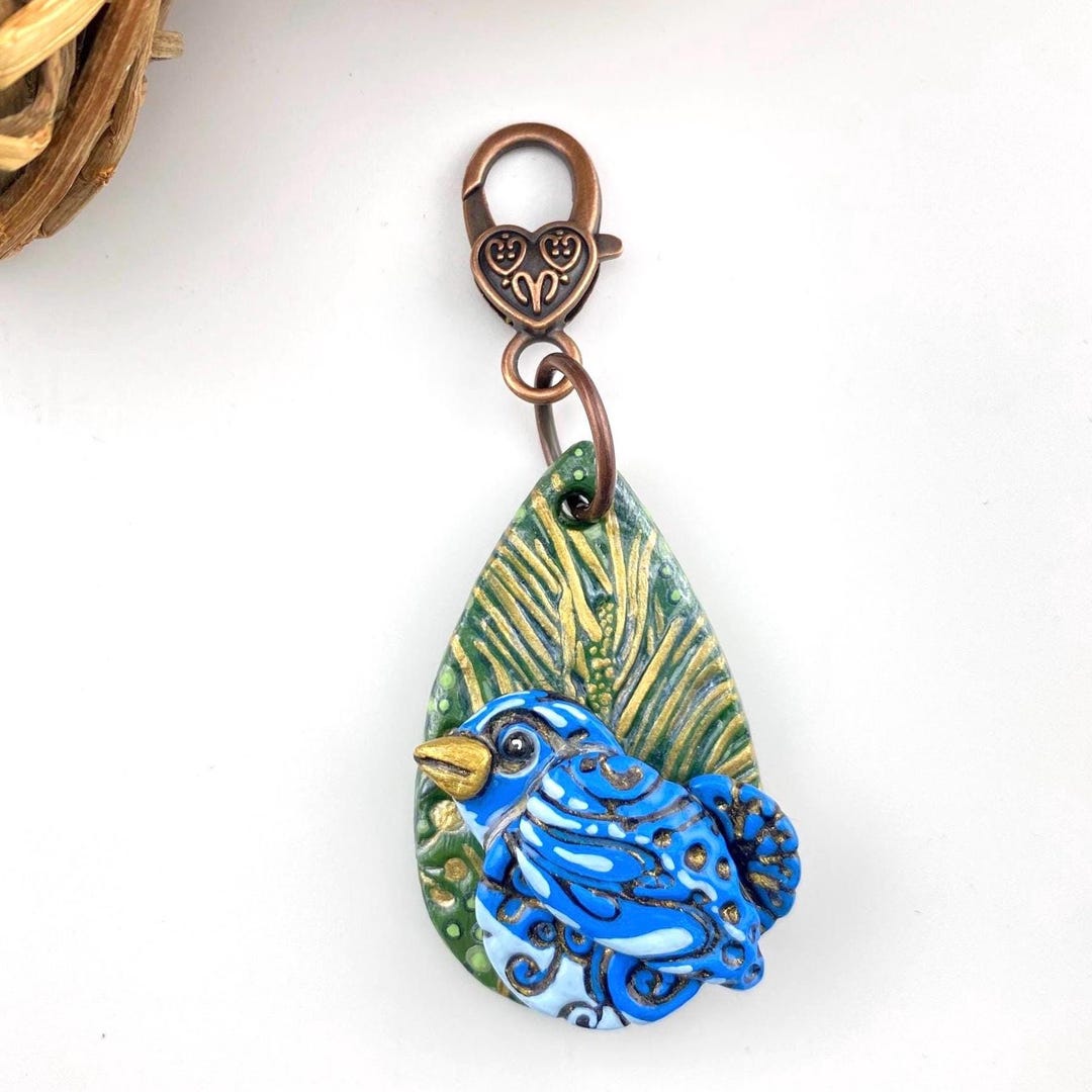 Handcrafted Clay Bluebird Charm, Southwest Mountain Style Bag Accessory ...