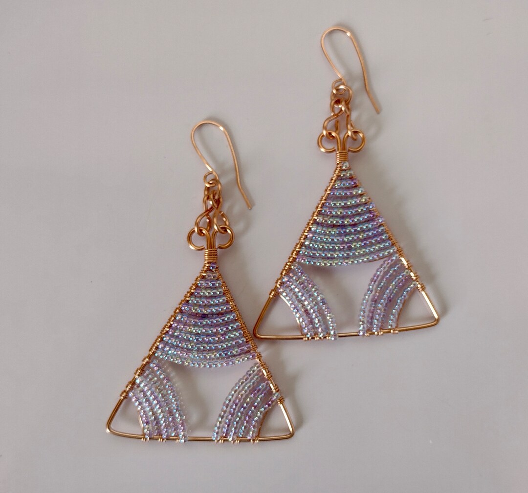 Large Triangle Hoop Earrings Copper Wire Wrapped Seed Beads - Sparkling ...