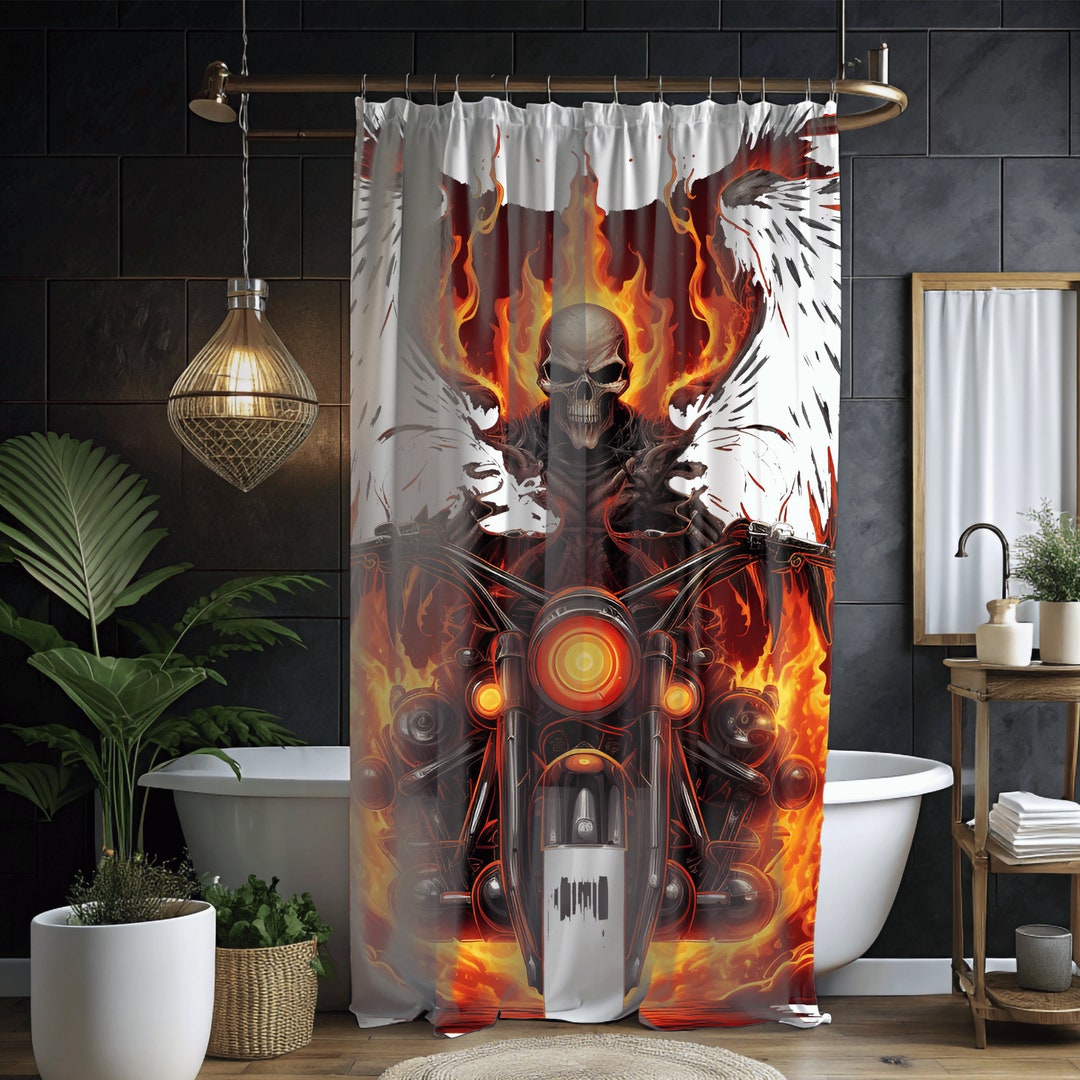 Flaming Skull & Angel Wings Motorcycle Shower Curtain Bold Gothic ...
