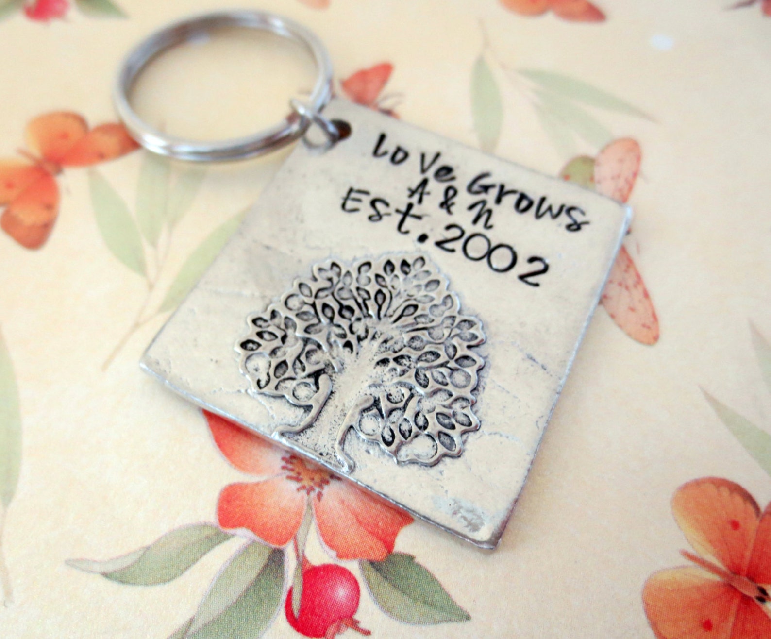 Love Grows Tree of Life Key Chain Hand Stamped He Asked She Said Yes ...