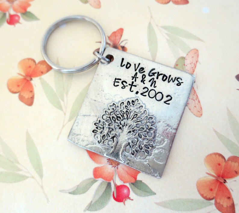 Love Grows Tree of Life Key Chain Hand Stamped He Asked She Said Yes ...