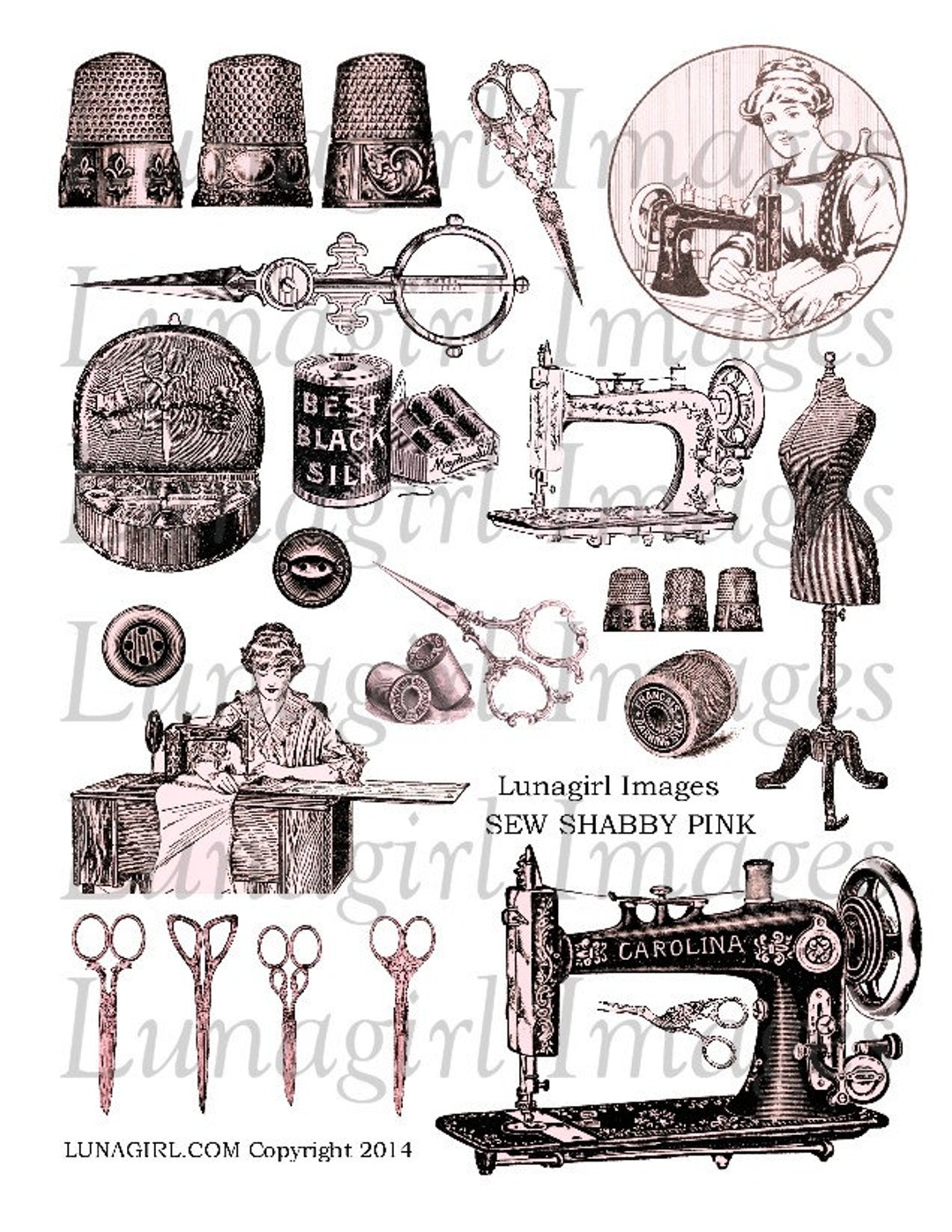 VINTAGE SEWING Digital Collage Sheet, Pink Sewing Notions Thimble ...