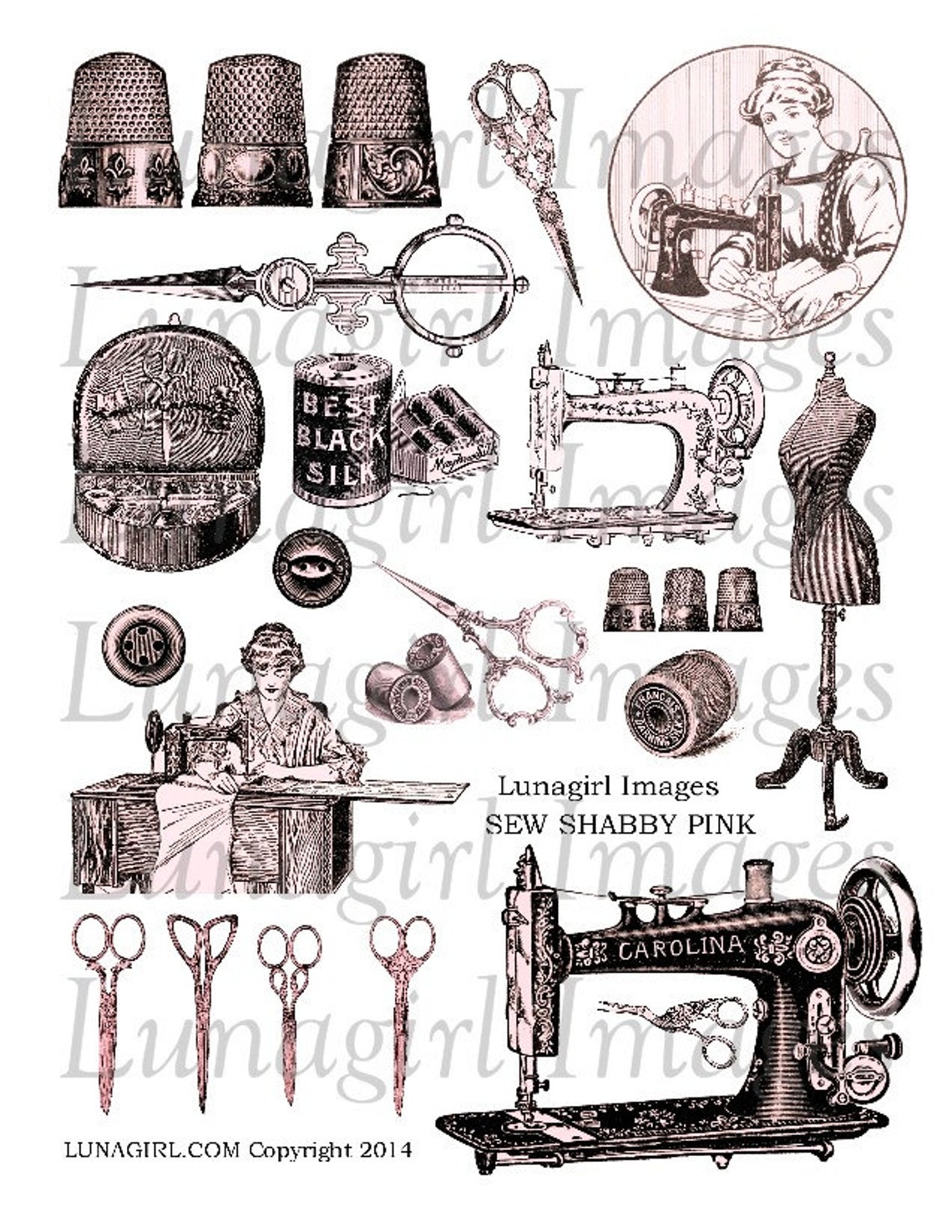 VINTAGE SEWING Digital Collage Sheet Pink Sewing Notions - Etsy