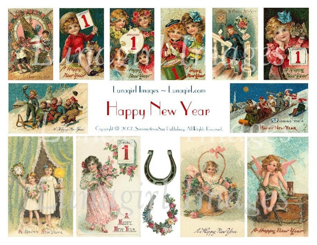 Happy NEW YEAR Digital Collage Sheet, Victorian Holidays Cards, Vintage ...