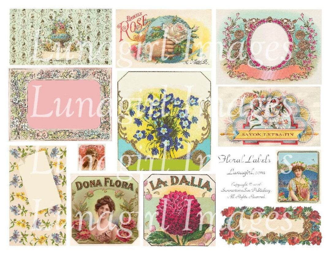 VINTAGE LABELS Digital Collage Sheet, Blank Tags Floral Frames ...