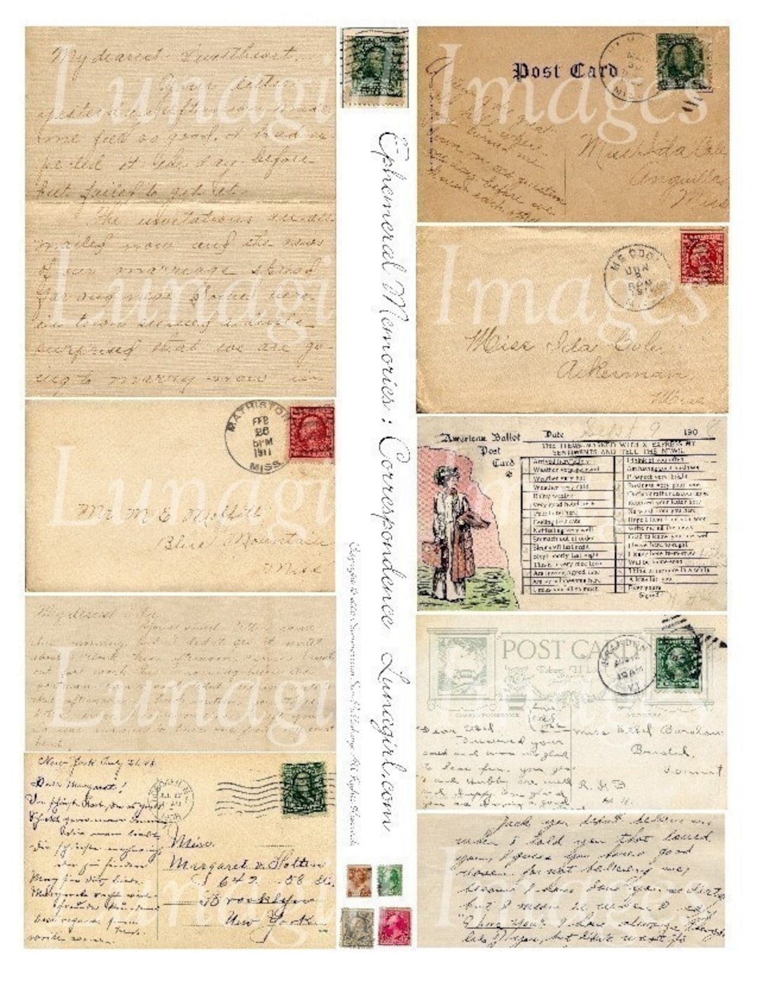 VINTAGE POSTCARDS & LETTERS Digital Collage Sheet Antique Handwriting ...