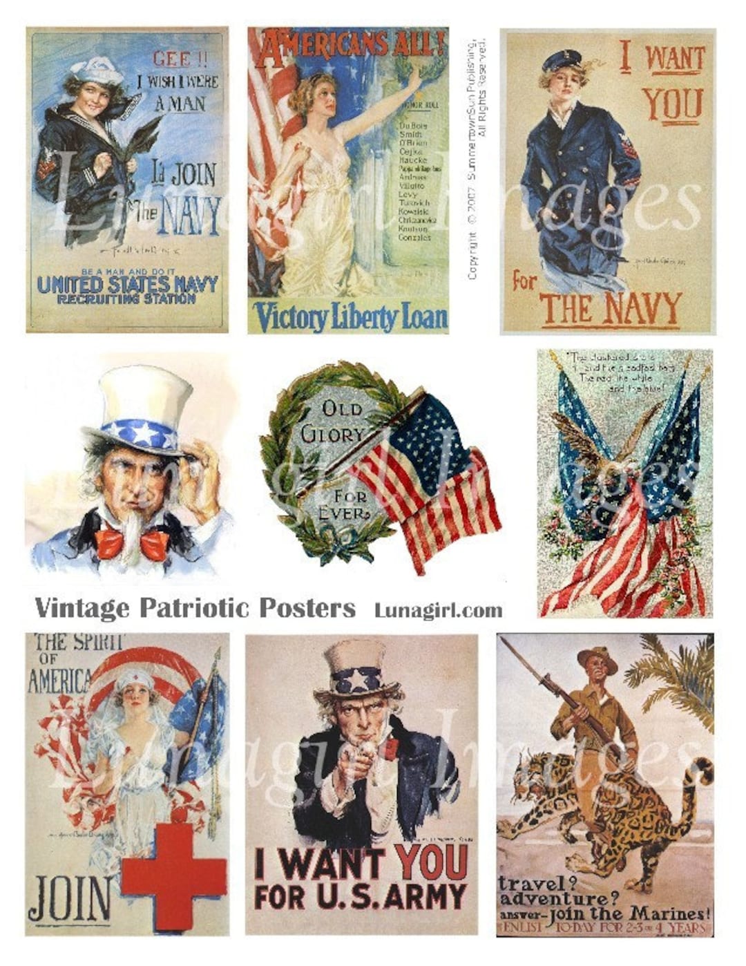 PATRIOTIC POSTERS Digital Collage Sheet, Vintage Images Americana Flags ...
