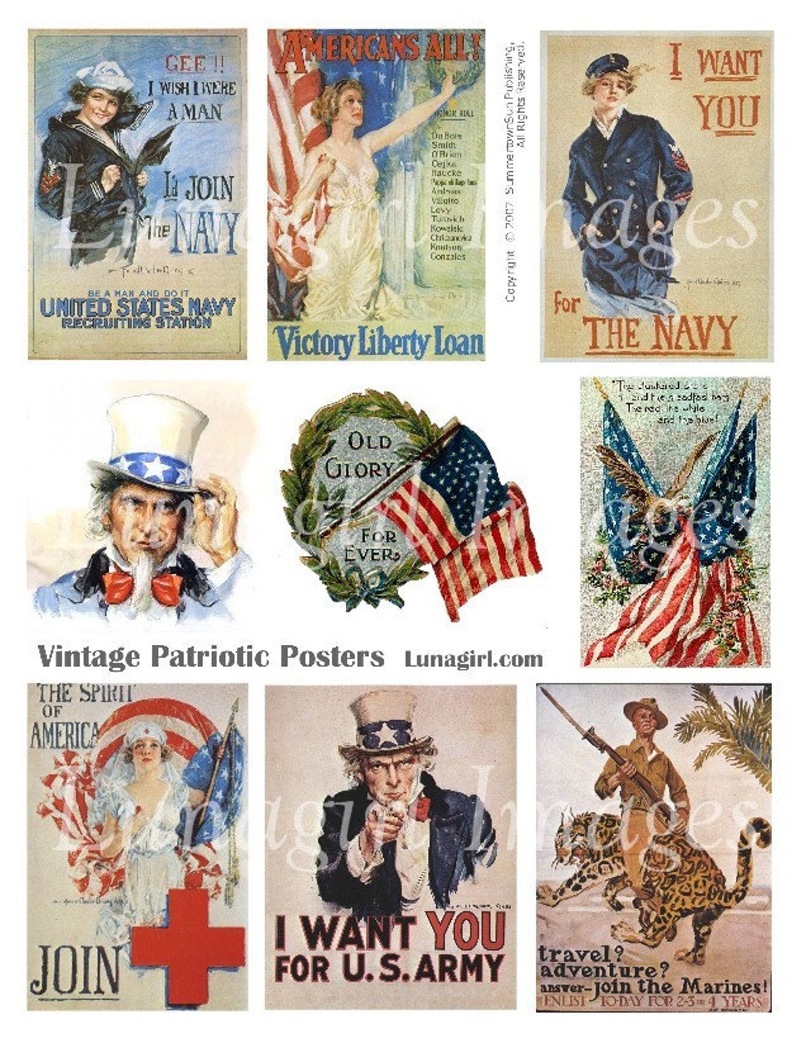PATRIOTIC POSTERS Digital Collage Sheet, Vintage Images Americana Flags ...