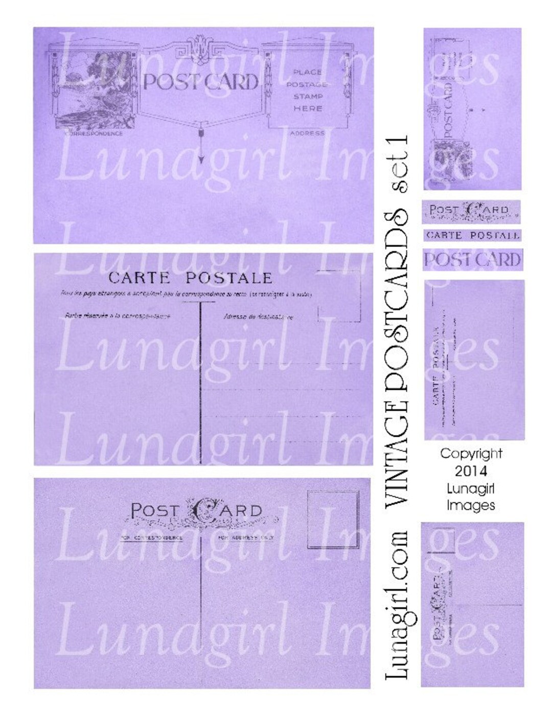 Purple VINTAGE POSTCARDS Digital Collage Sheet, Blank Carte Postale ...
